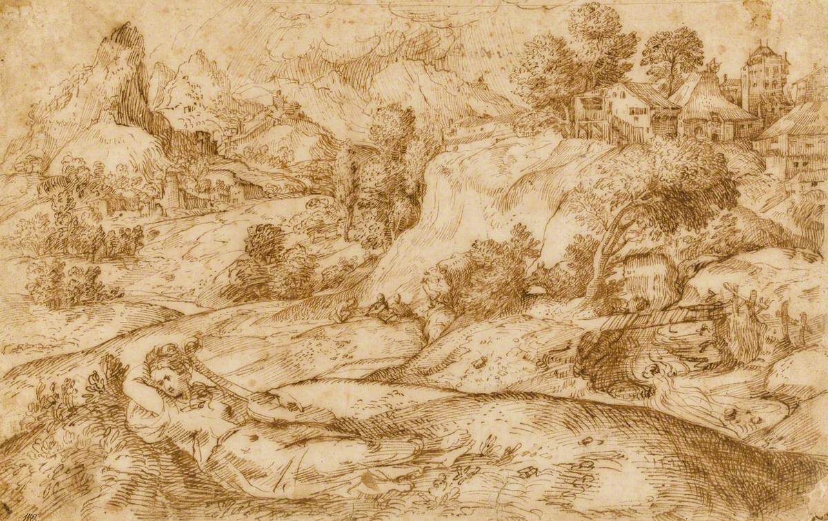 Mountainous Landscape with Buildings and a River – A Female Figure ...