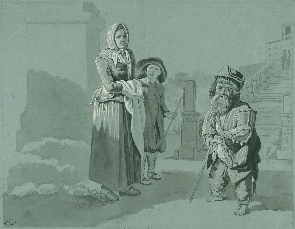 Rome, the Spanish Steps: A Woman and a Boy Looking at a Male Dwarf ...