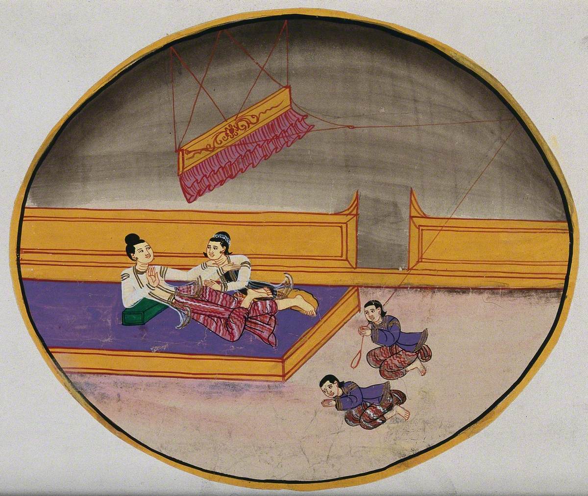 Two Figures Reclining on a Bed in a Palace while One Servant Swings a ...