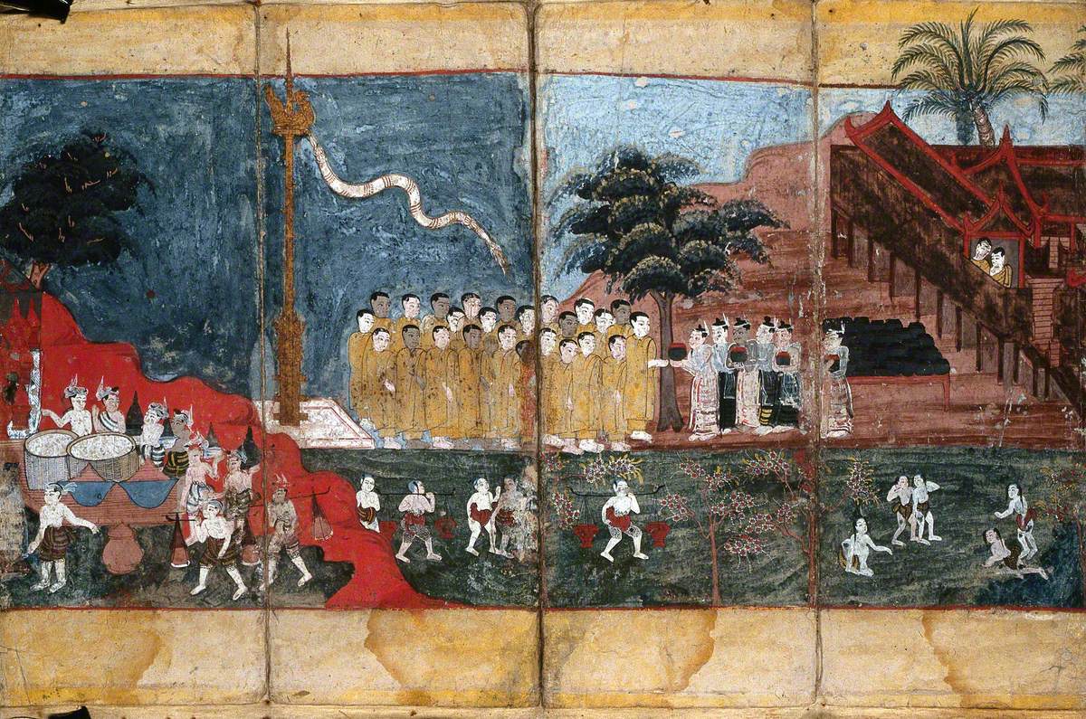 A Monastery with Ascetics or Holy Men Outside: A Group of Monks Giving ...