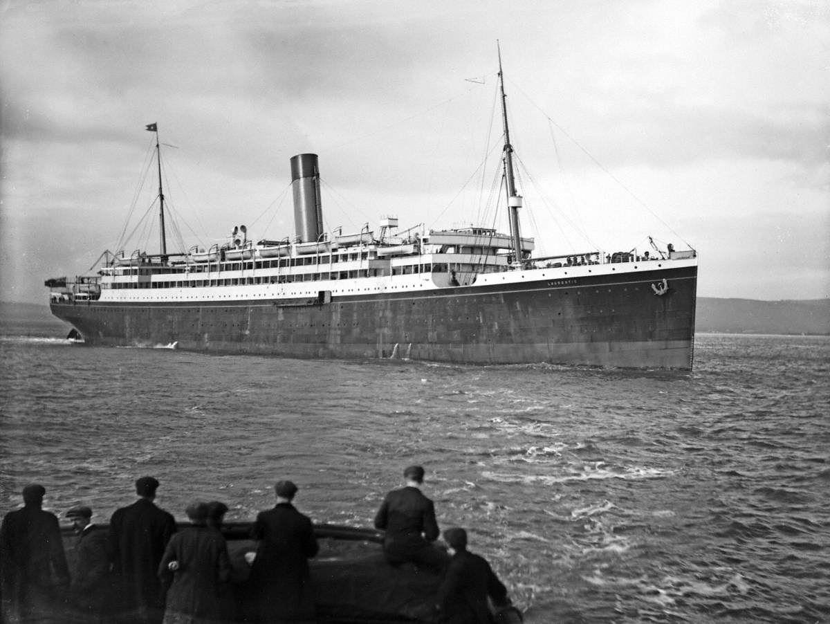 Starboard bow 3/4 profile of completed ship in Belfast Lough, including ...