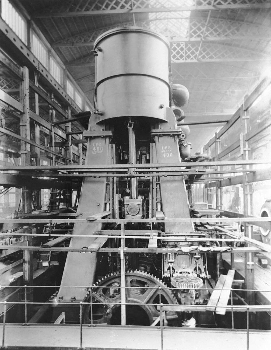 After end view of starboard main engine nearly completed in engine ...