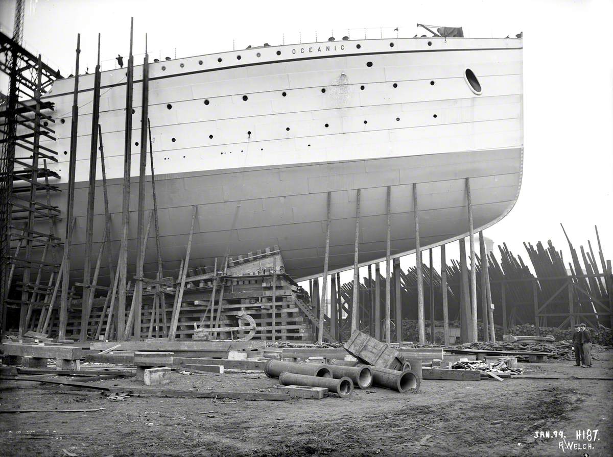 Starboard bow profile prior to launch, with shoring and forward part of ...