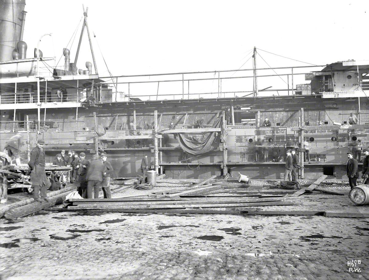 Profile view from dock side of seperated hulls, with newly constructed ...