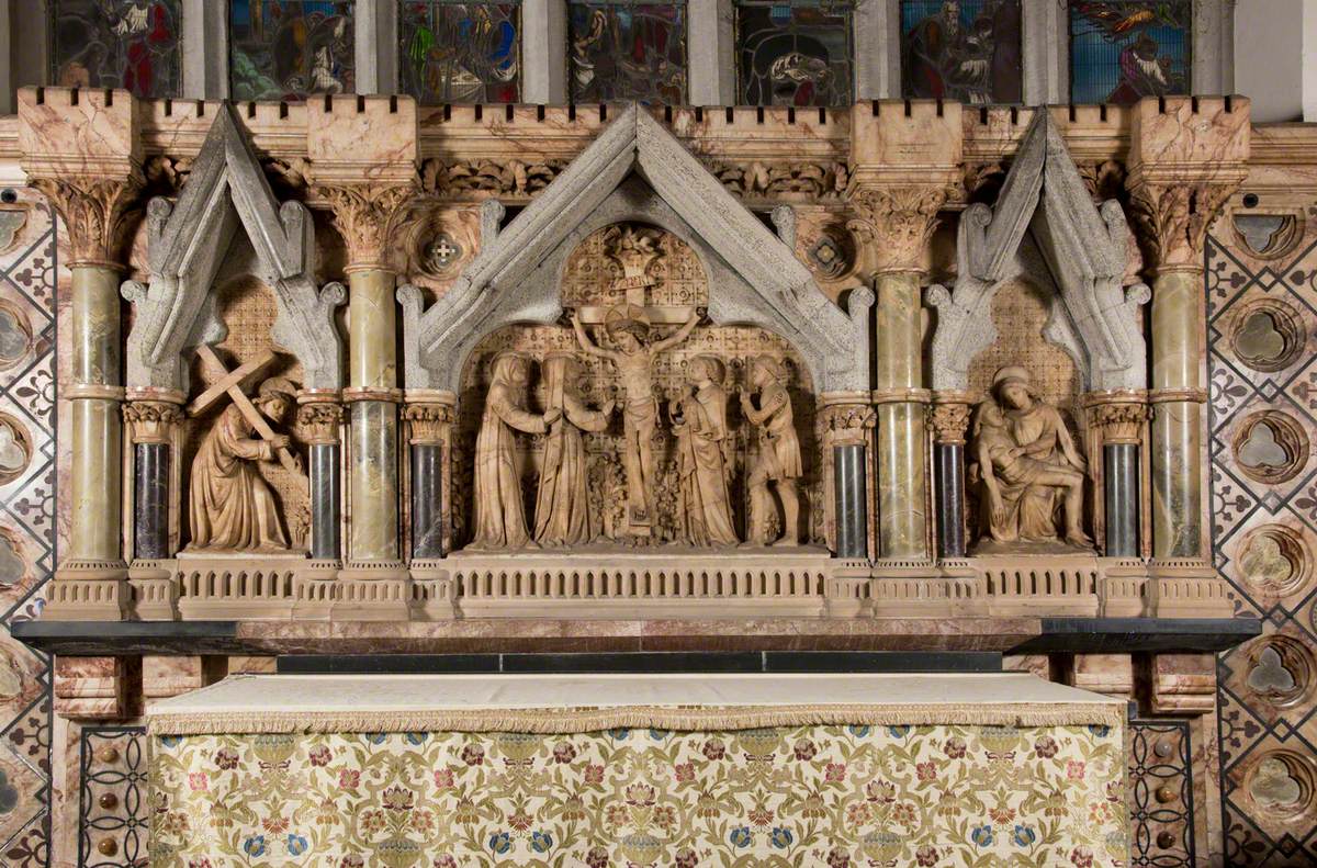 Reredos with Jesus Carrying the Cross, Crucifixion and Pietá | Art UK