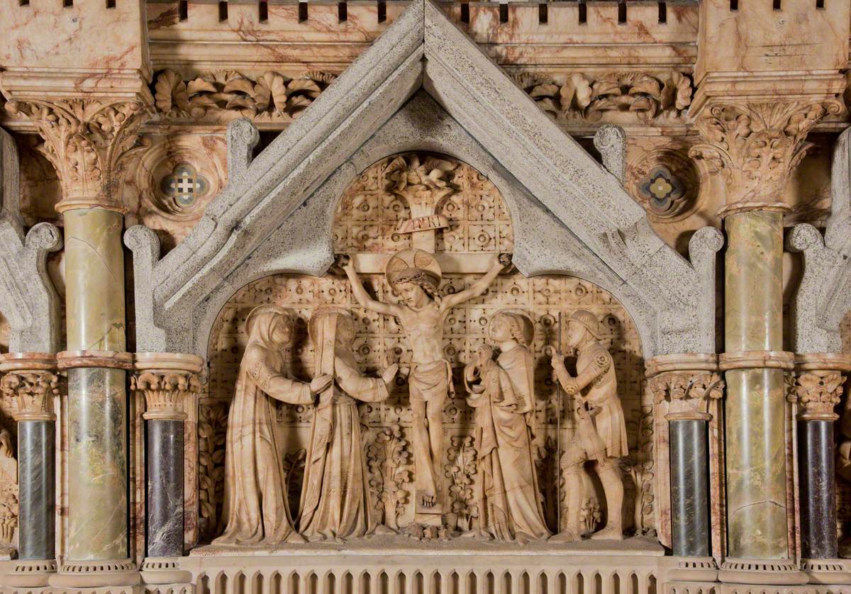 Reredos with Jesus Carrying the Cross, Crucifixion and Pietá | Art UK
