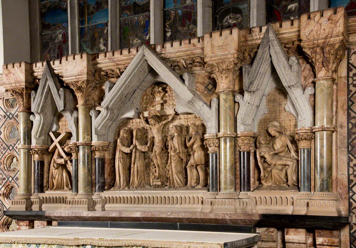 Reredos with Jesus Carrying the Cross, Crucifixion and Pietá | Art UK