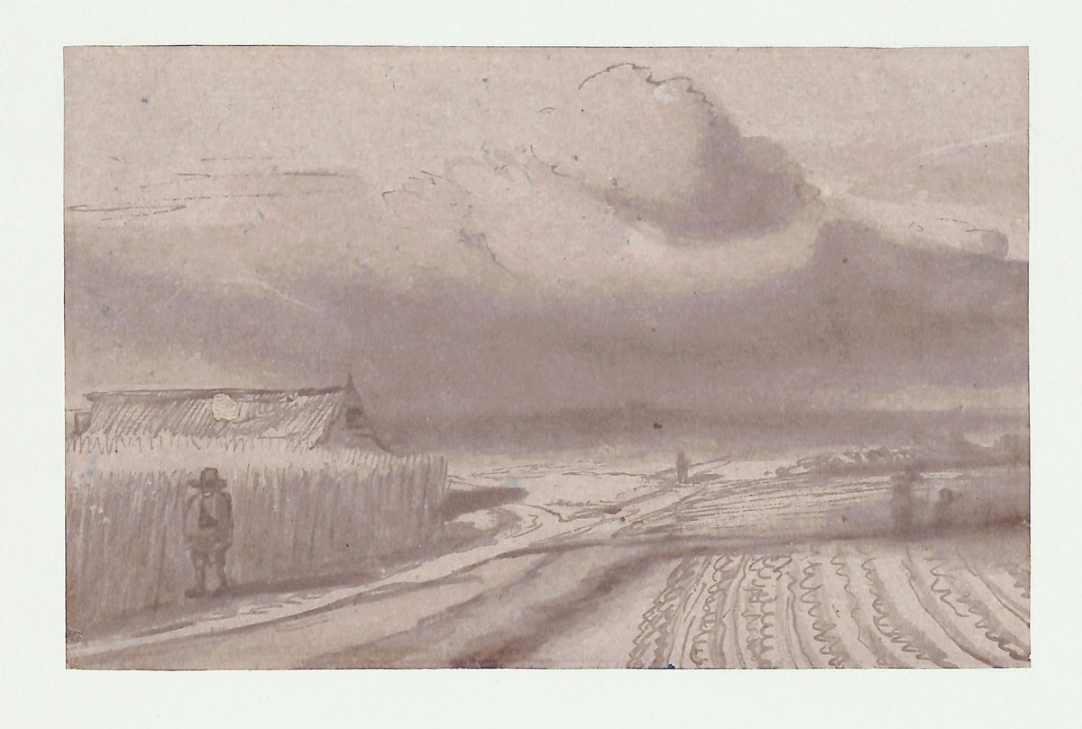 Dutch landscape, view of fields, building to left, figure on left of ...