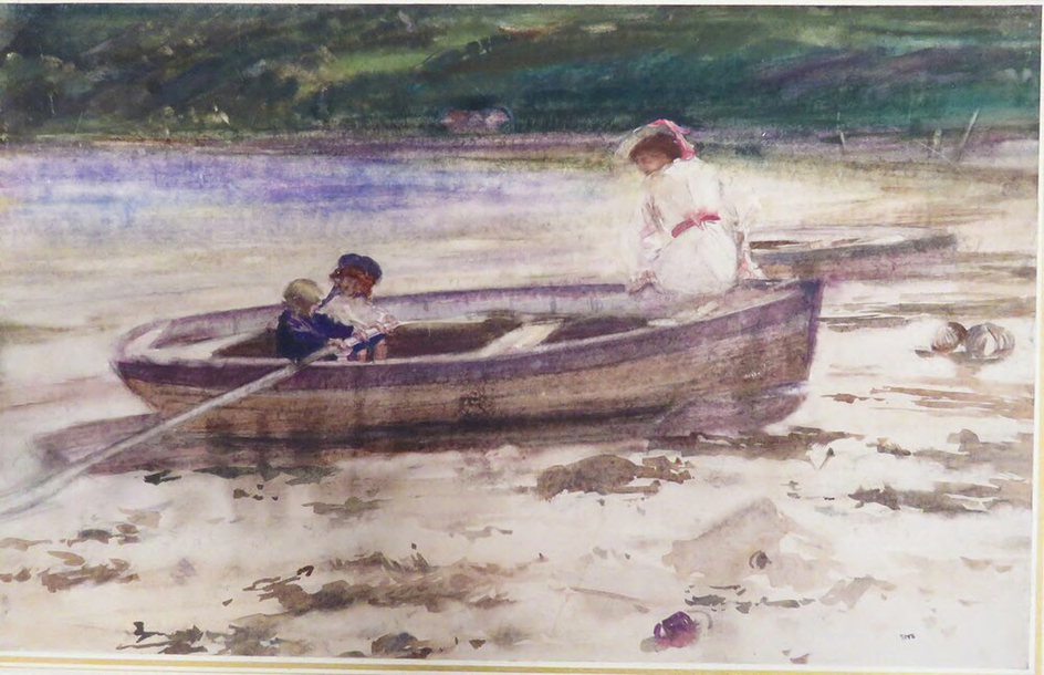 Beach scene with a woman and two children in a rowing boat | Art UK