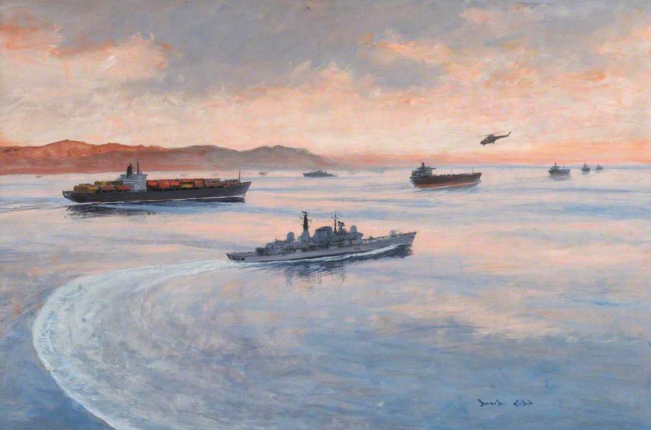 HMS 'Gloucester' on the Armilla Patrol Escorting a Convoy of Container ...