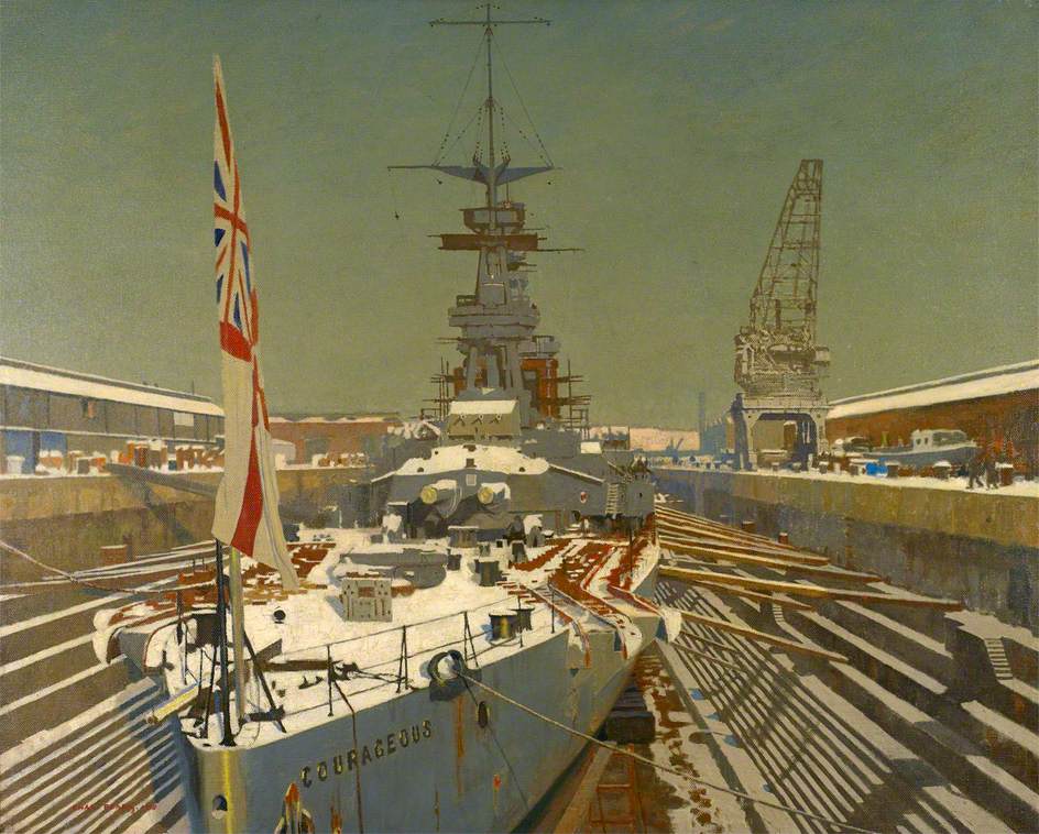 HMS 'Courageous' in Dry Dock, at Rosyth, in Winter | Art UK